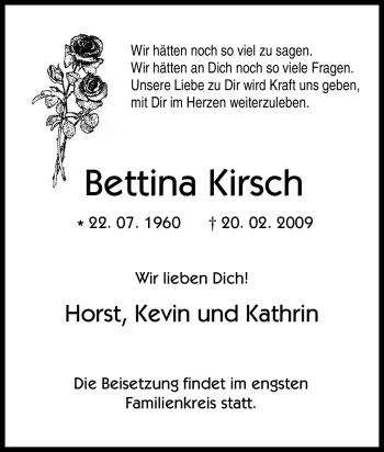 Traueranzeigen von Bettina Kirsch | Trauer-in-NRW.de