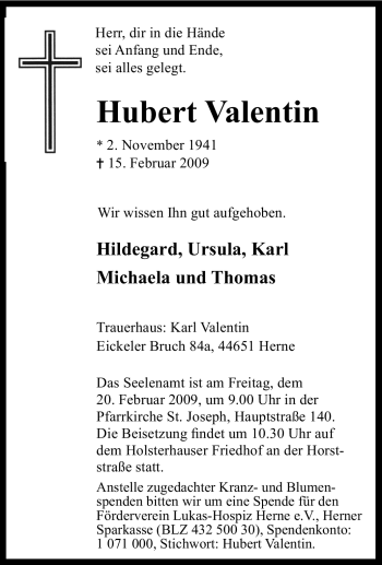 Traueranzeigen von Hubert Valentin | Trauer-in-NRW.de
