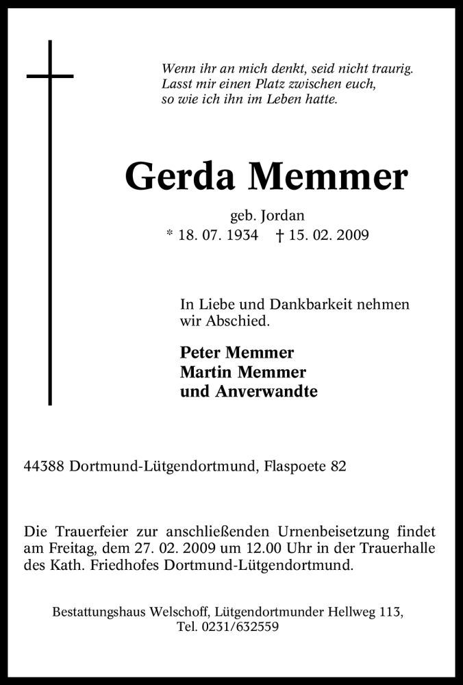 Traueranzeigen von Gerda Memmer | Trauer-in-NRW.de