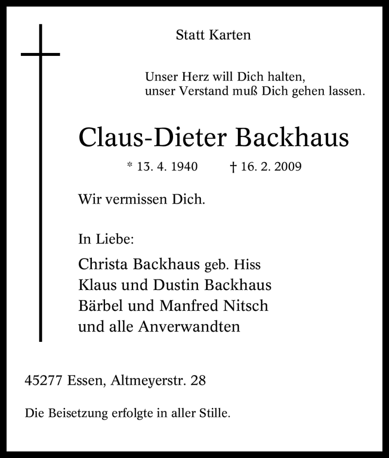 Traueranzeigen von Claus-Dieter Backhaus | Trauer-in-NRW.de
