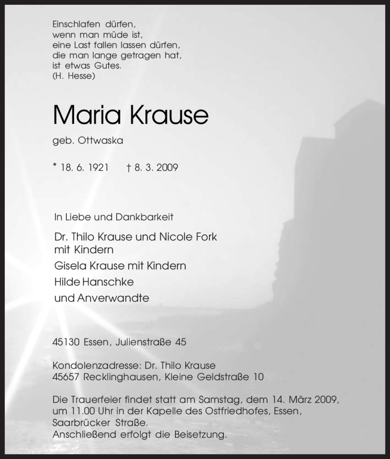 Traueranzeigen von Maria Krause | Trauer-in-NRW.de