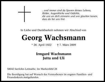 Traueranzeigen von Georg Wachsmann | Trauer-in-NRW.de
