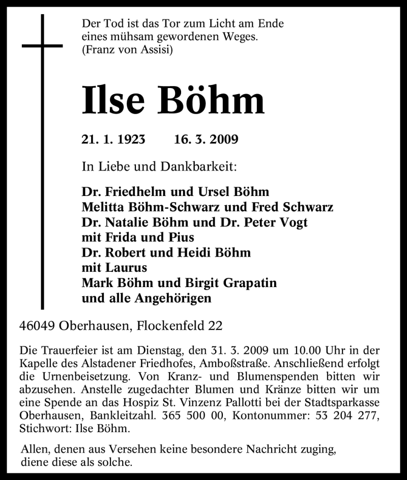 Traueranzeigen von Ilse Böhm | Trauer-in-NRW.de