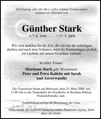 Traueranzeigen von Günther Stark | Trauer-in-NRW.de