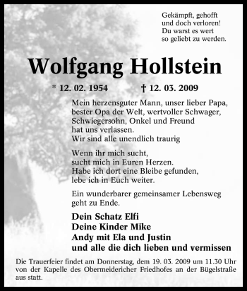 Traueranzeigen von Wolfgang Hollstein | Trauer-in-NRW.de