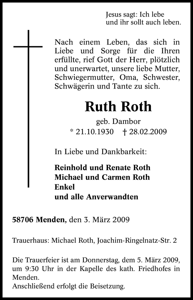 Traueranzeigen von Ruth Roth | Trauer-in-NRW.de