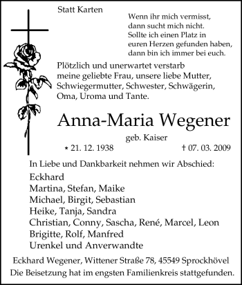 Traueranzeigen von Anna-Maria Wegener | Trauer-in-NRW.de