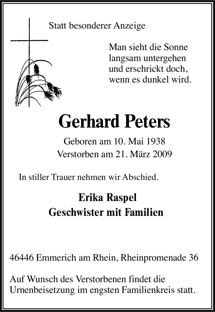 Traueranzeigen von Gerhard Peters | Trauer-in-NRW.de
