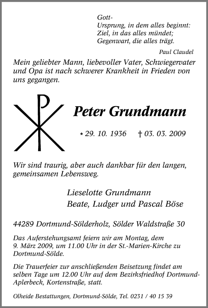 Traueranzeigen von Peter Grundmann | Trauer-in-NRW.de