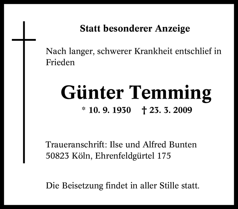 Traueranzeigen von Günter Temming | Trauer-in-NRW.de