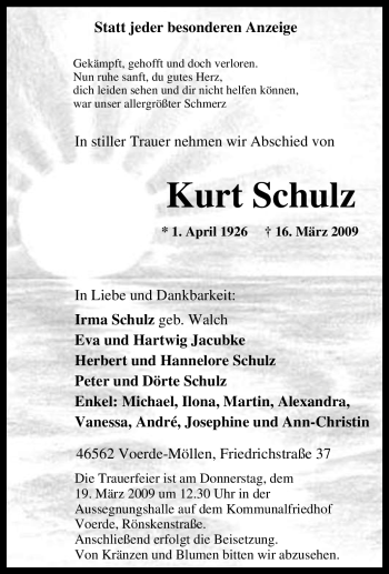 Traueranzeigen von Kurt Schulz | Trauer-in-NRW.de