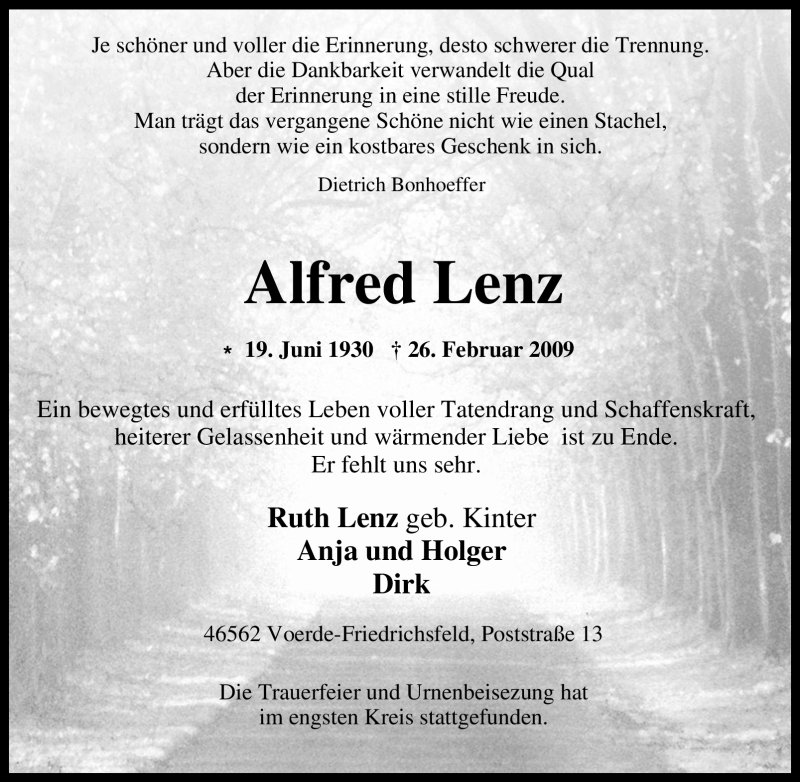 Traueranzeigen von Alfred Lenz | Trauer-in-NRW.de