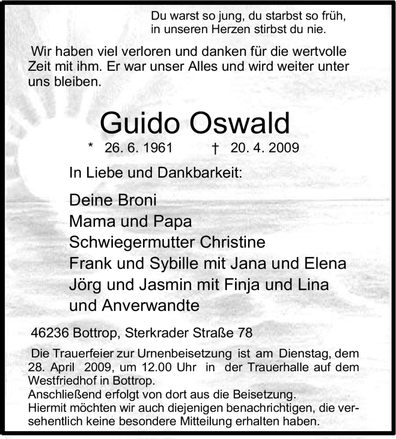 Traueranzeigen von Guido Oswald | Trauer-in-NRW.de