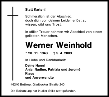 Traueranzeigen von Werner Weinhold | Trauer-in-NRW.de