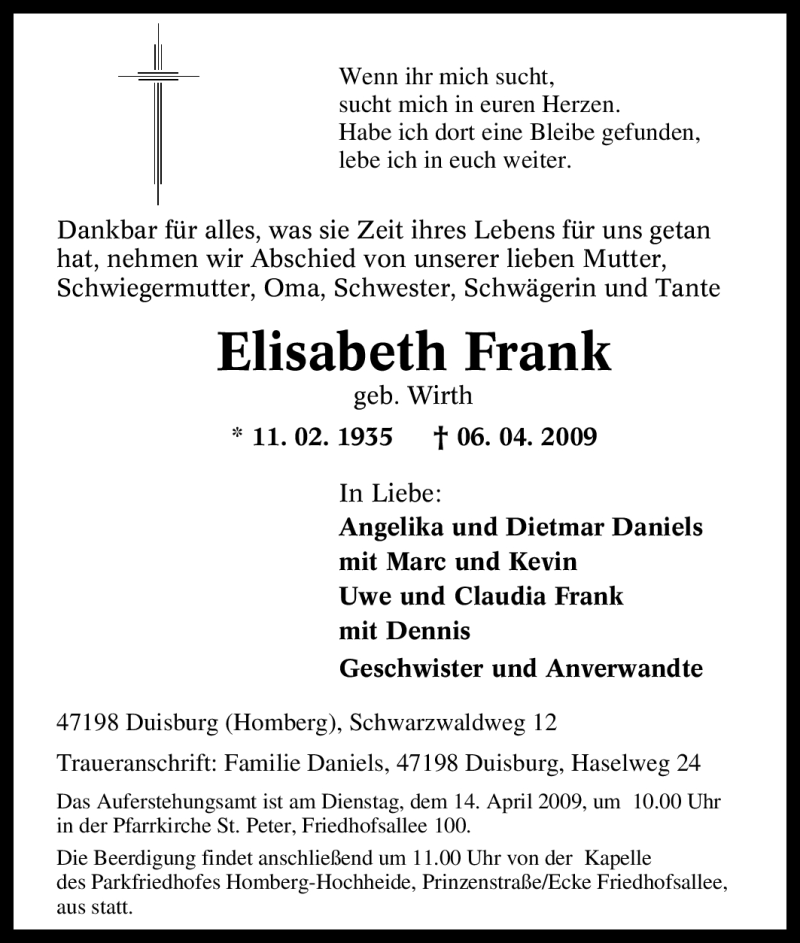 Traueranzeigen von Elisabeth Frank | Trauer-in-NRW.de