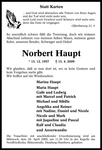 Traueranzeigen von Norbert Haupt | Trauer-in-NRW.de