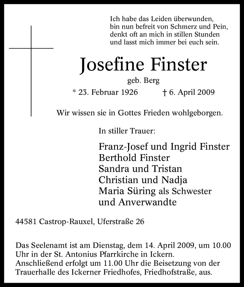 Traueranzeigen von Josefine Finster | Trauer-in-NRW.de