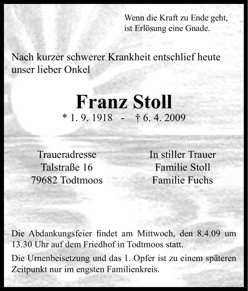 Traueranzeigen von Franz Stoll | Trauer-in-NRW.de