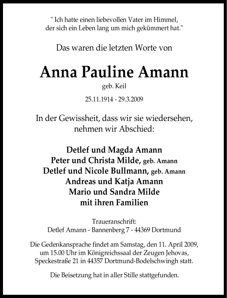 Traueranzeigen von Anna Pauline Amann | Trauer-in-NRW.de