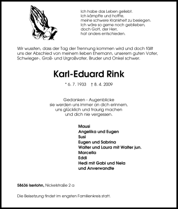 Traueranzeigen von Karl-Eduard Rink | Trauer-in-NRW.de