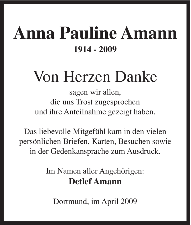Traueranzeigen von Anna Pauline Amann | Trauer-in-NRW.de
