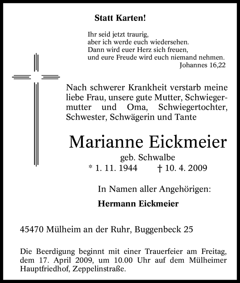 Traueranzeigen von Marianne Eickmeier | Trauer-in-NRW.de