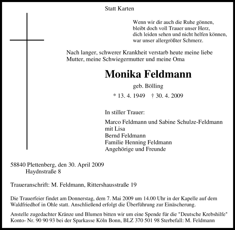 Traueranzeigen von Monika Feldmann | Trauer-in-NRW.de