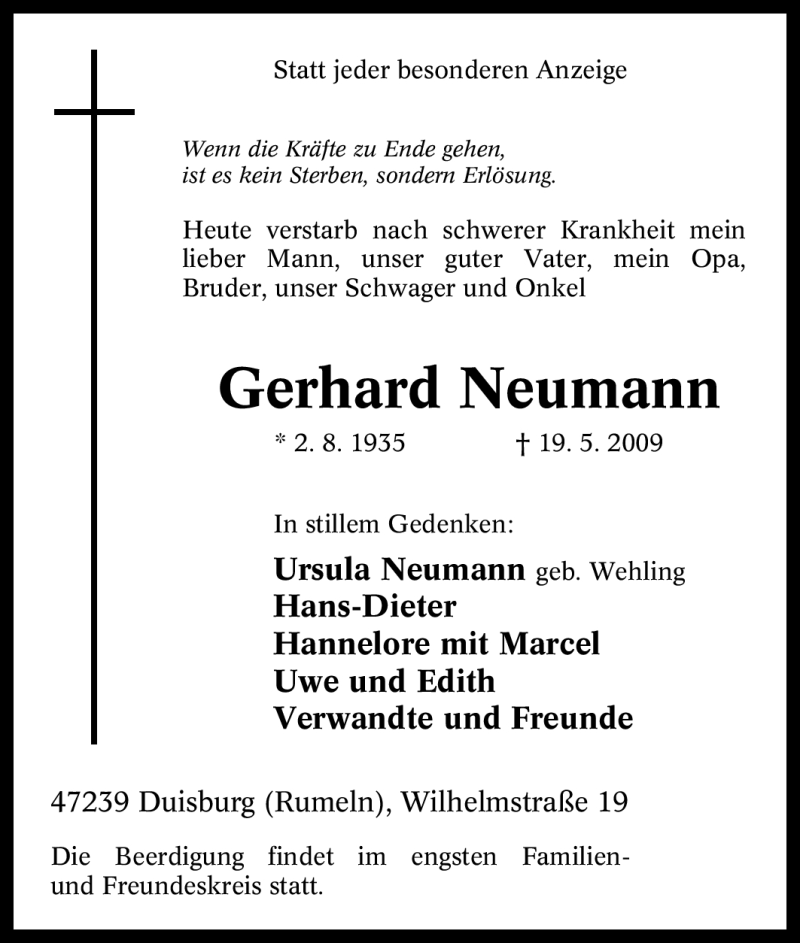 Traueranzeigen von Gerhard Neumann | Trauer-in-NRW.de