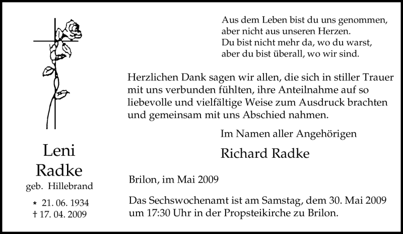 Traueranzeigen von Leni Radke | Trauer-in-NRW.de