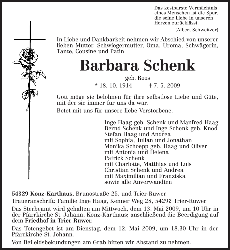 Traueranzeigen von Barbara Schenk | Trauer-in-NRW.de