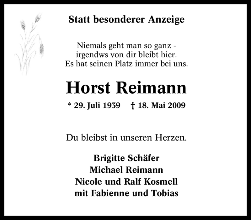 Traueranzeigen von Horst Reimann | Trauer-in-NRW.de