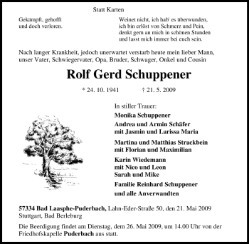 Traueranzeigen von Rolf Gerd Schuppener | Trauer-in-NRW.de