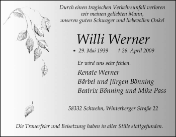Traueranzeigen von Willi Werner | Trauer-in-NRW.de