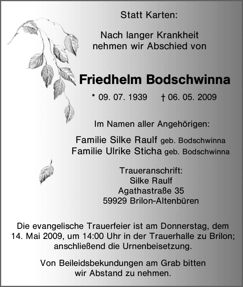 Traueranzeigen von Friedhelm Bodschwinna | Trauer-in-NRW.de