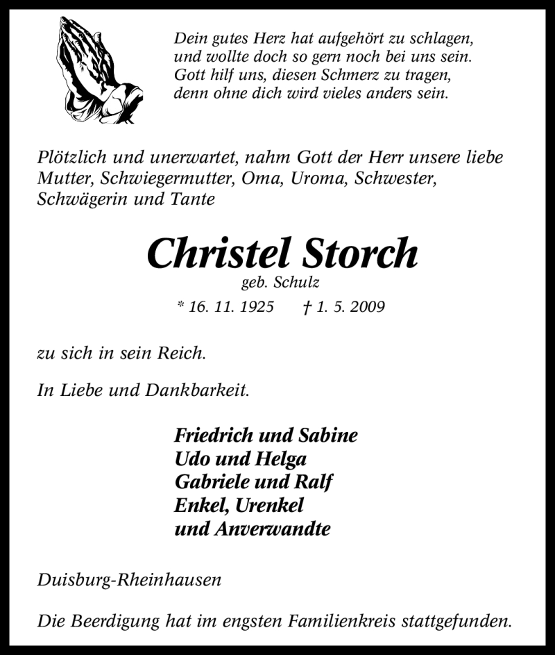 Traueranzeigen von Christel Storch | Trauer-in-NRW.de