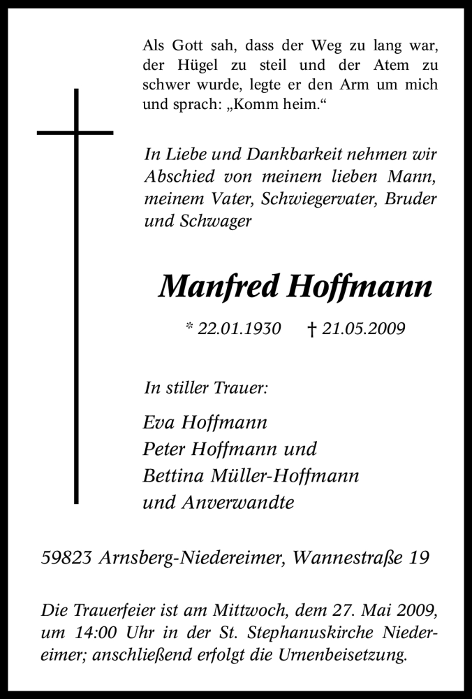 Traueranzeigen von Manfred Hoffmann | Trauer-in-NRW.de