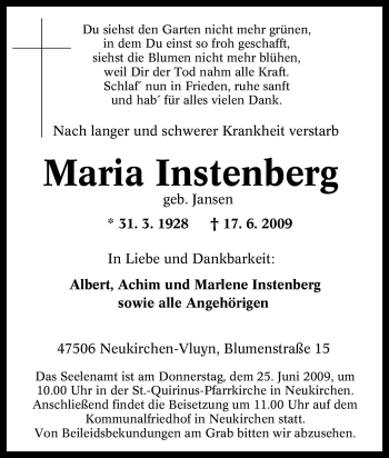 Traueranzeigen von Maria Instenberg | Trauer-in-NRW.de