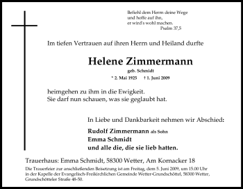 Traueranzeigen von Helene Zimmermann | Trauer-in-NRW.de
