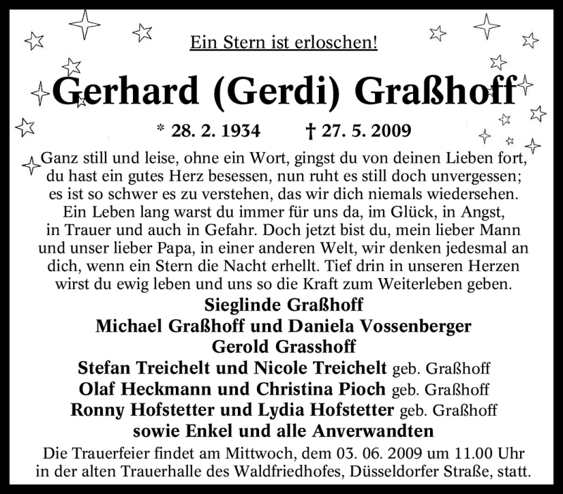 Traueranzeigen von Gerhard Graßhoff | Trauer-in-NRW.de