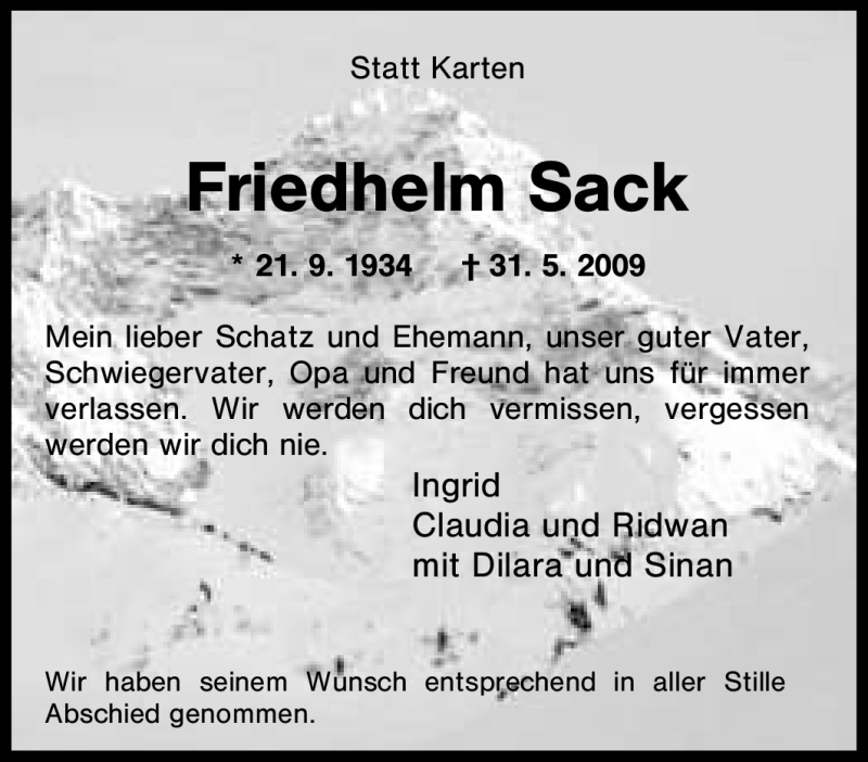 Traueranzeigen von Friedhelm Sack | Trauer-in-NRW.de