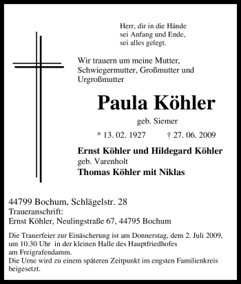 Traueranzeigen von Paula Köhler | Trauer-in-NRW.de