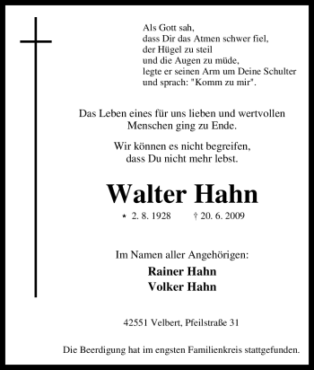 Traueranzeigen von Walter Hahn | Trauer-in-NRW.de