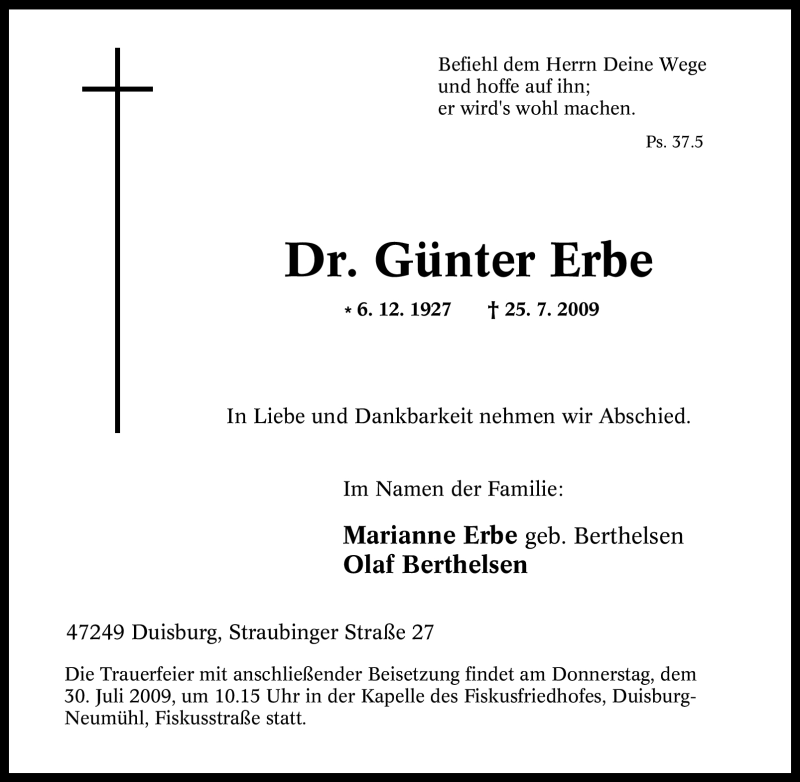 Traueranzeigen von Günter Erbe | Trauer-in-NRW.de