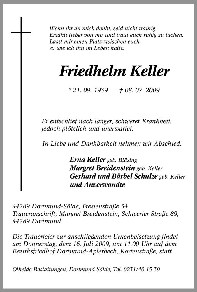 Traueranzeigen von Friedhelm Keller | Trauer-in-NRW.de