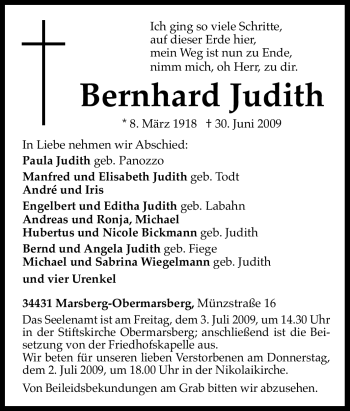 Traueranzeigen von Bernhard Judith | Trauer-in-NRW.de