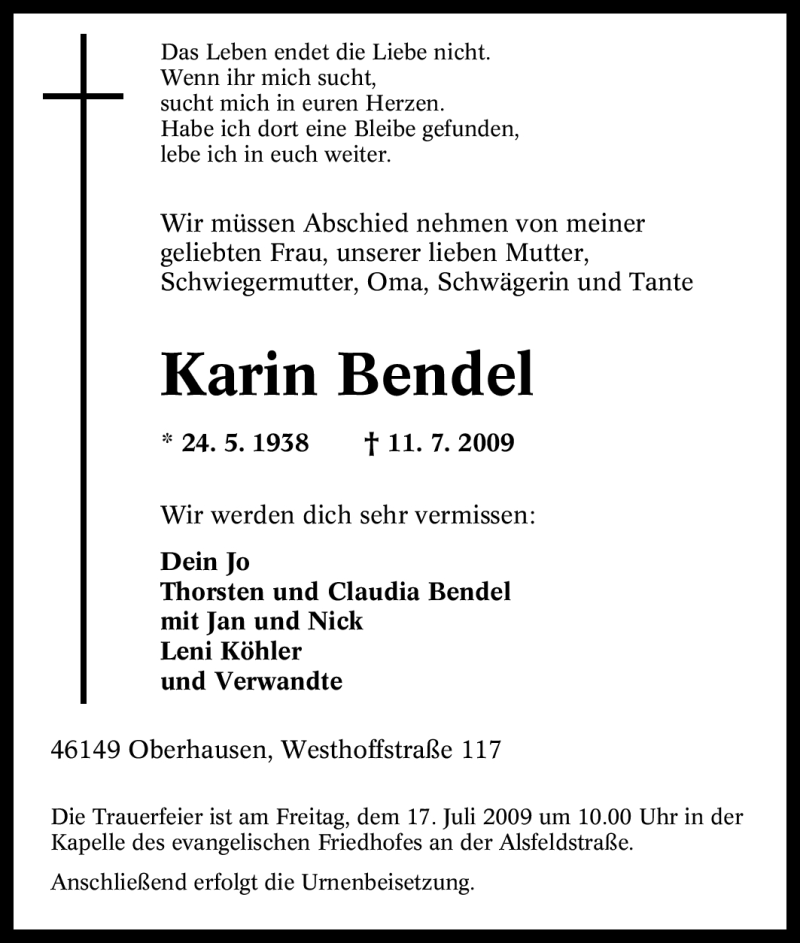 Traueranzeigen von Karin Bendel | Trauer-in-NRW.de