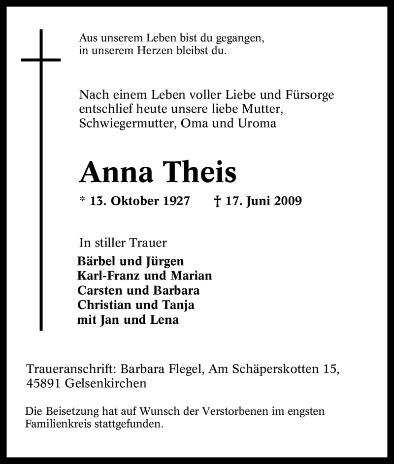 Traueranzeigen von Anna Theis | Trauer-in-NRW.de