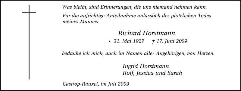 Traueranzeigen von Richard Horstmann | Trauer-in-NRW.de
