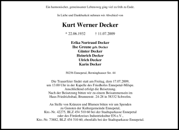 Traueranzeigen von Kurt Werner Decker | Trauer-in-NRW.de