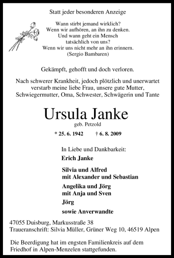 Traueranzeigen von Ursula Janke | Trauer-in-NRW.de